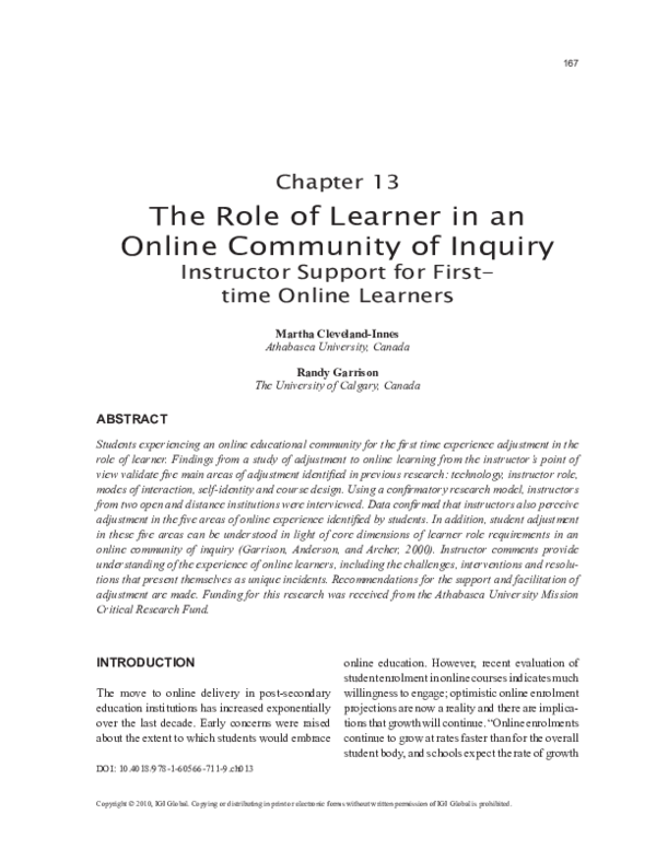 (PDF) The Role of Learner in an Online Community of Inquiry | Martha Cleveland-Innes - Academia.edu