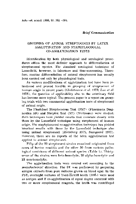 (PDF) Grouping of Animal Streptococci By Latex Agglutination and ...