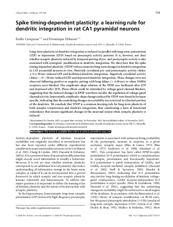 (PDF) Spike timing-dependent plasticity: a learning rule for dendritic integration in rat CA1 ...