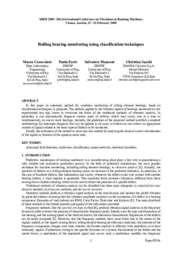 (PDF) Rolling bearing monitoring using classification techniques