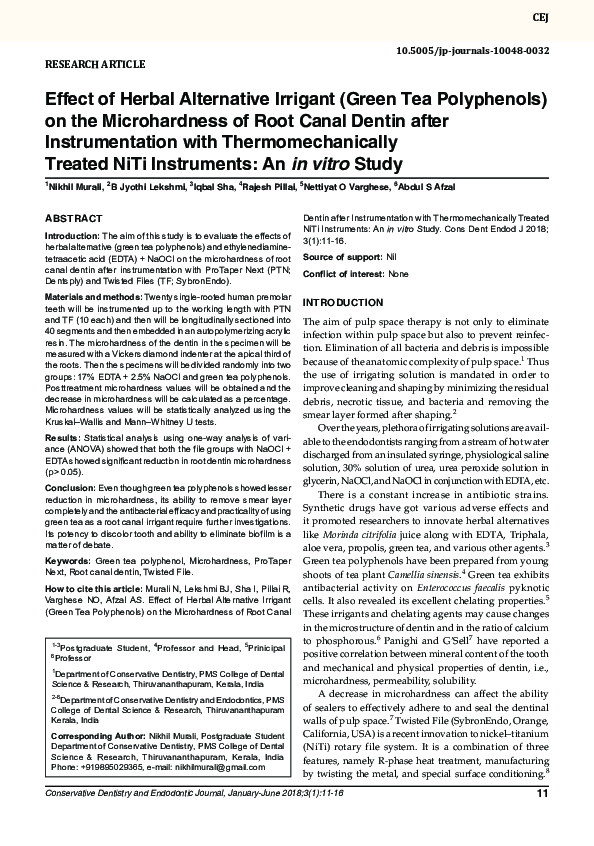 Pdf Effect Of Herbal Alternative Irrigant Green Tea Polyphenols On The Microhardness Of Root