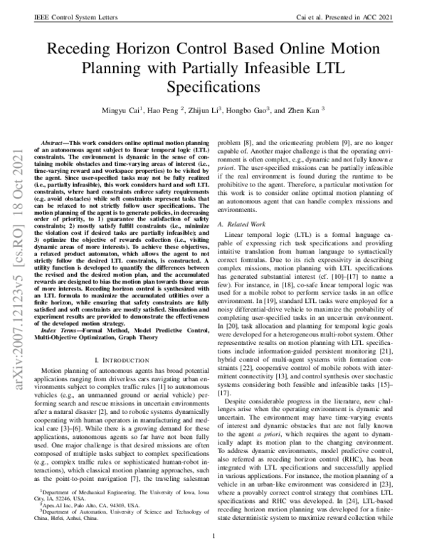 (PDF) Receding Horizon Control-Based Motion Planning With Partially Infeasible LTL Constraints