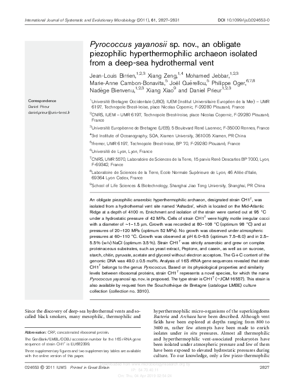 Pyrococcus yayanosii sp. nov., an obligate piezophilic ...