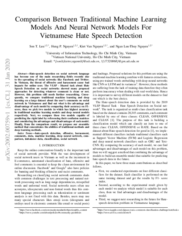 (PDF) Comparison Between Traditional Machine Learning Models And Neural Network Models For ...