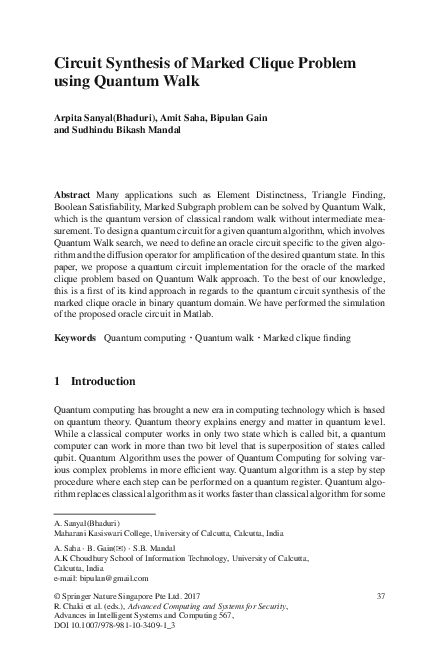 (PDF) Circuit Synthesis of Marked Clique Problem using Quantum Walk