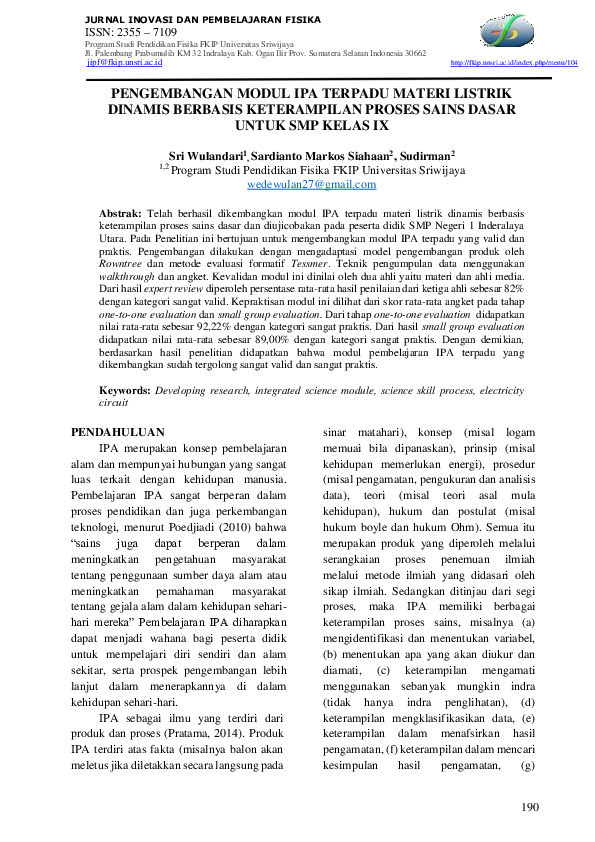 (PDF) Pengembangan Modul Ipa Terpadu Materi Listrik Dinamis Berbasis Keterampilan Proses Sains ...