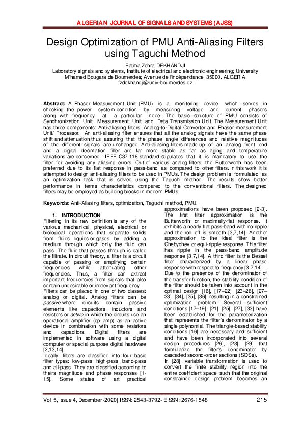 (PDF) Design Optimization of PMU Anti-Aliasing Filters using Taguchi Method