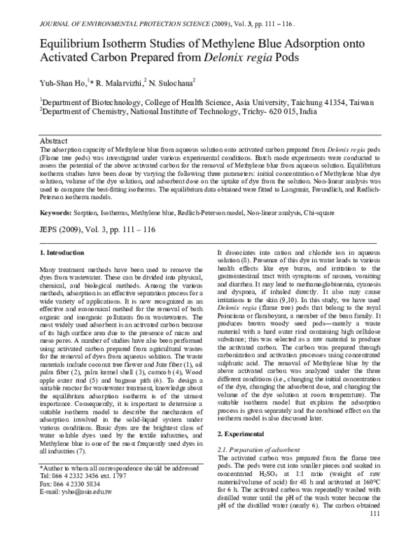 (PDF) Equilibrium Isotherm Studies of Methylene Blue Adsorption onto Activated Carbon Prepared ...