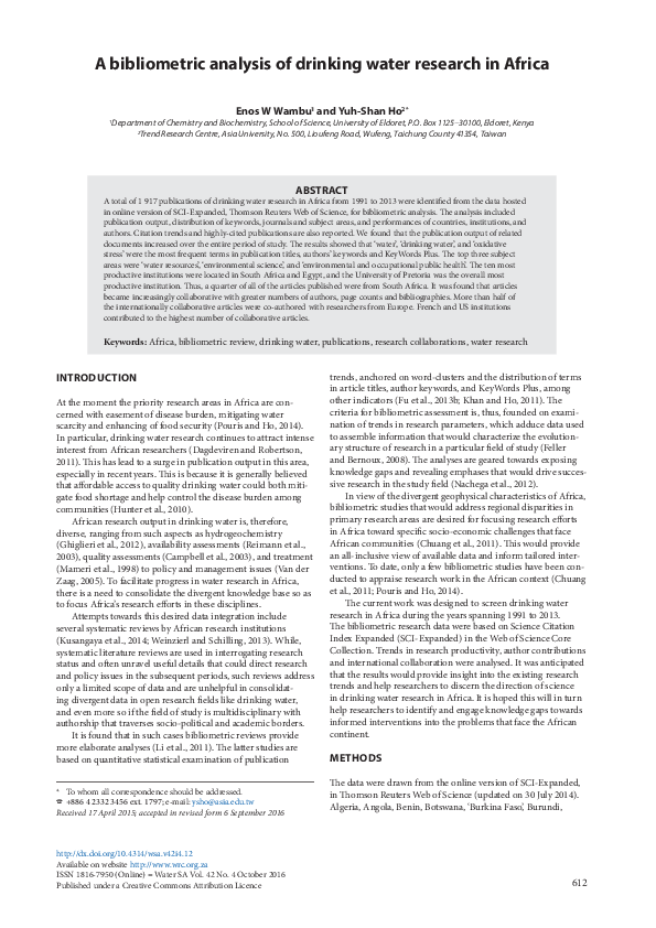 (PDF) A bibliometric analysis of drinking water research in Africa