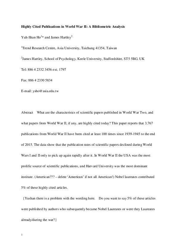 (PDF) Highly cited publications in World War II: a bibliometric analysis