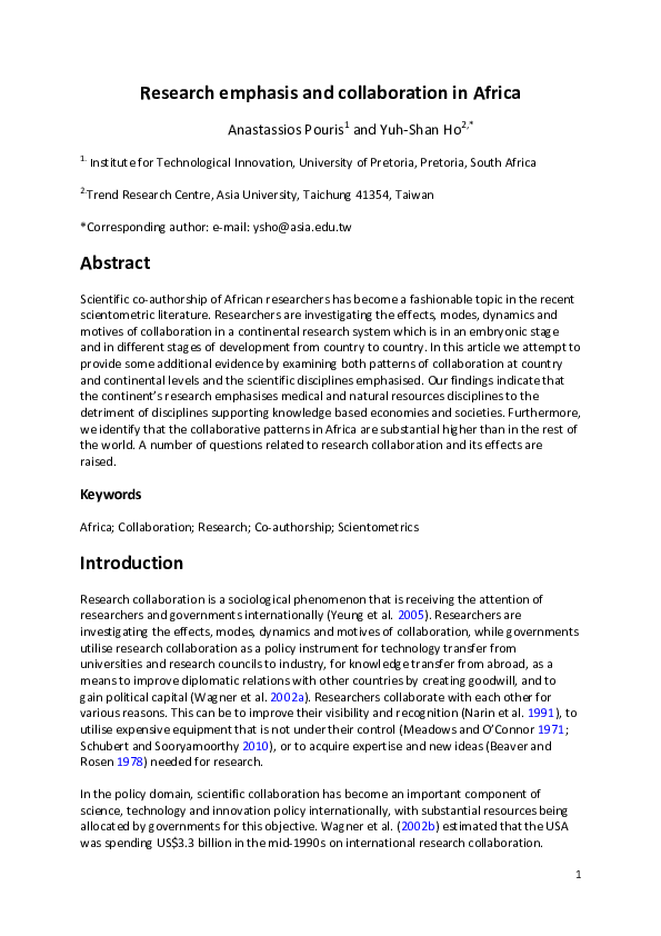 (PDF) Research emphasis and collaboration in Africa