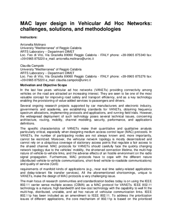 (PDF) MAC layer design in Vehicular Ad Hoc Networks : challenges ...
