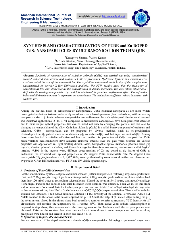 (PDF) SYNTHESIS AND CHARACTERIZATION OF PURE and Zn DOPED CdSe ...
