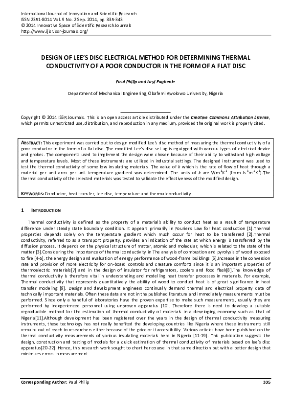 (PDF) Design of Lee's Disc Electrical Method for Determining Thermal Conductivity of a Poor ...