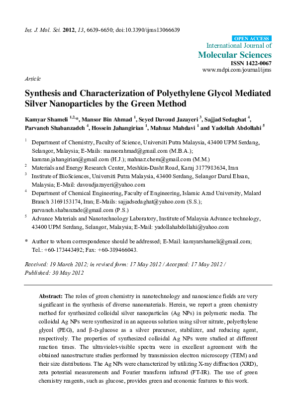 (PDF) Molecular Sciences Synthesis and Characterization of Polyethylene Glycol Mediated Silver ...