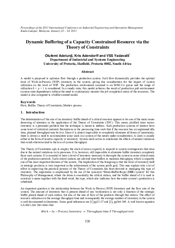 (PDF) Dynamic Buffering of a Capacity Constrained Resource via the Theory of Constraints