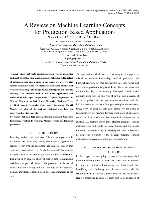 (PDF) A Review on Machine Learning Concepts for Prediction Based ...