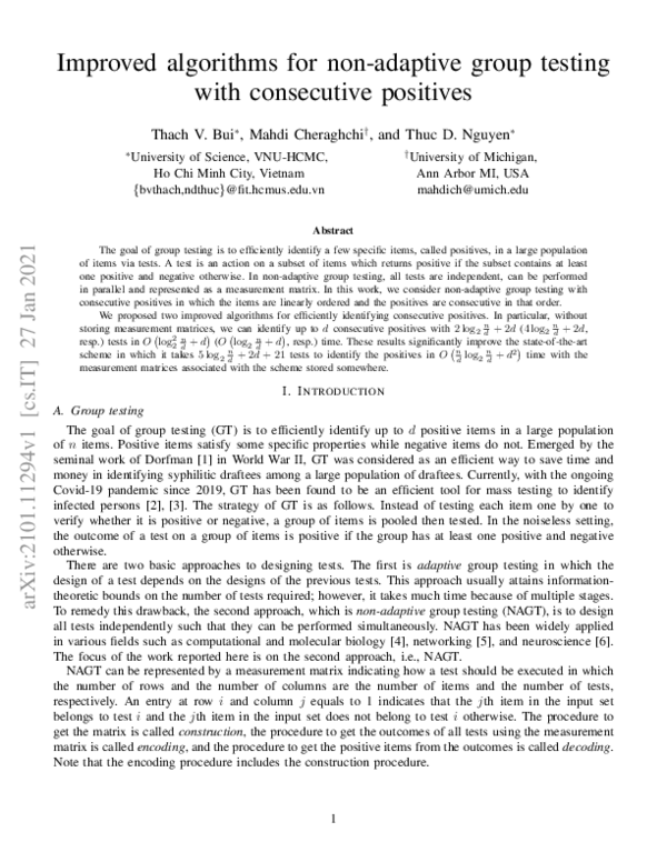 Pdf Improved Algorithms For Non Adaptive Group Testing With Consecutive Positives 