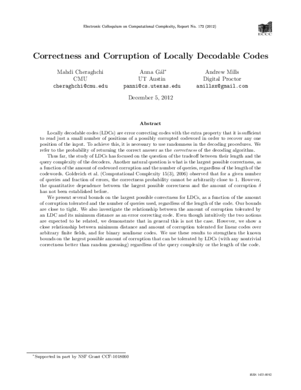 (PDF) Analyzing Correctness in Locally Decodable Codes