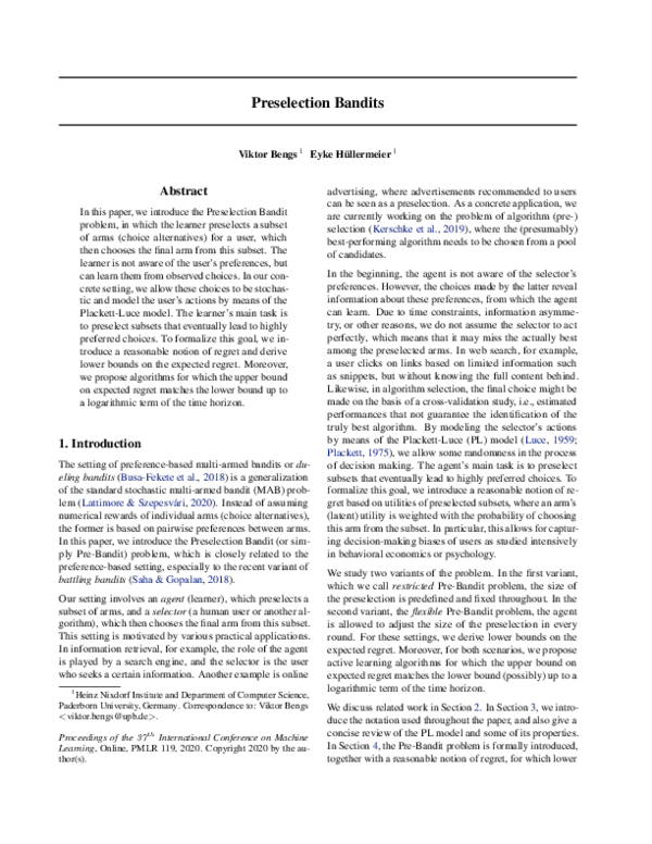 (PDF) Preselection Bandits