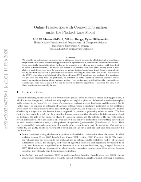 (PDF) Online Preselection with Context Information under the Plackett ...