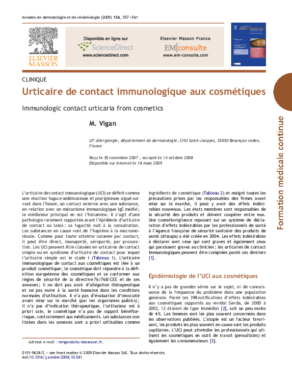 (PDF) Urticaire de contact immunologique aux cosmétiques