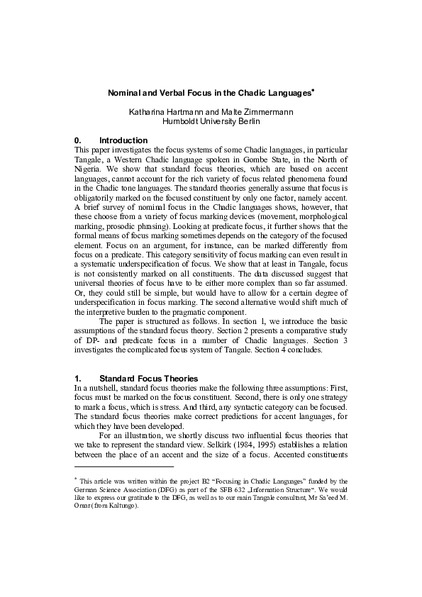 (PDF) Nominal and Verbal Focus in the Chadic Languages