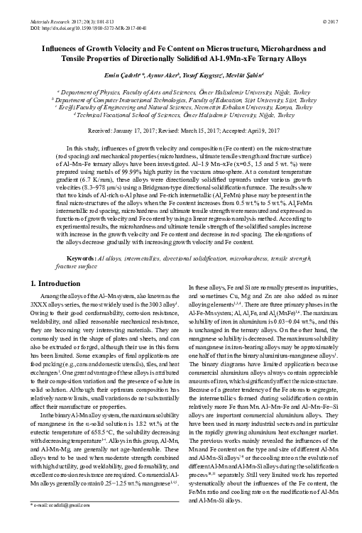 Pdf Influences Of Growth Velocity And Fe Content On Microstructure Microhardness And Tensile