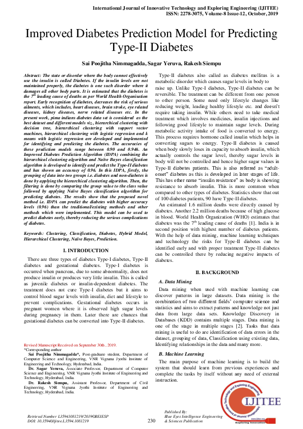 (PDF) Improved Diabetes Prediction Model for Predicting Type-II Diabetes
