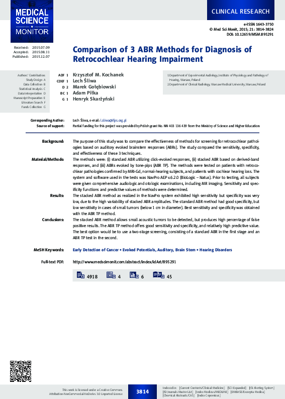 (PDF) Comparison of 3 ABR Methods for Diagnosis of Retrocochlear ...