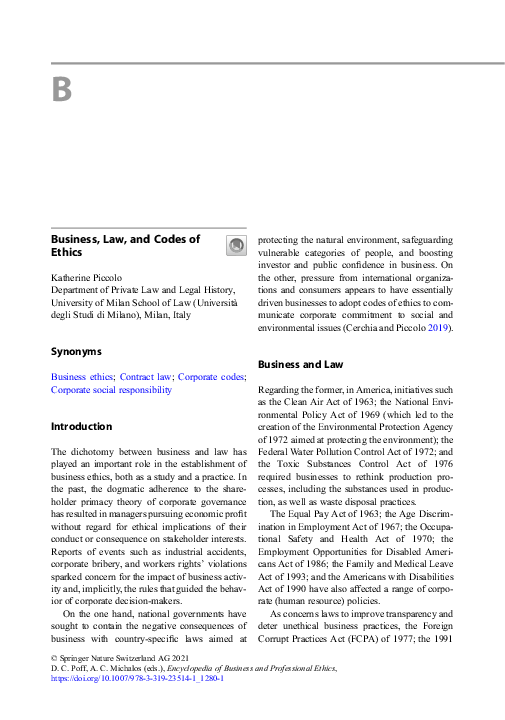 (PDF) Business, Law, and Codes of Ethics