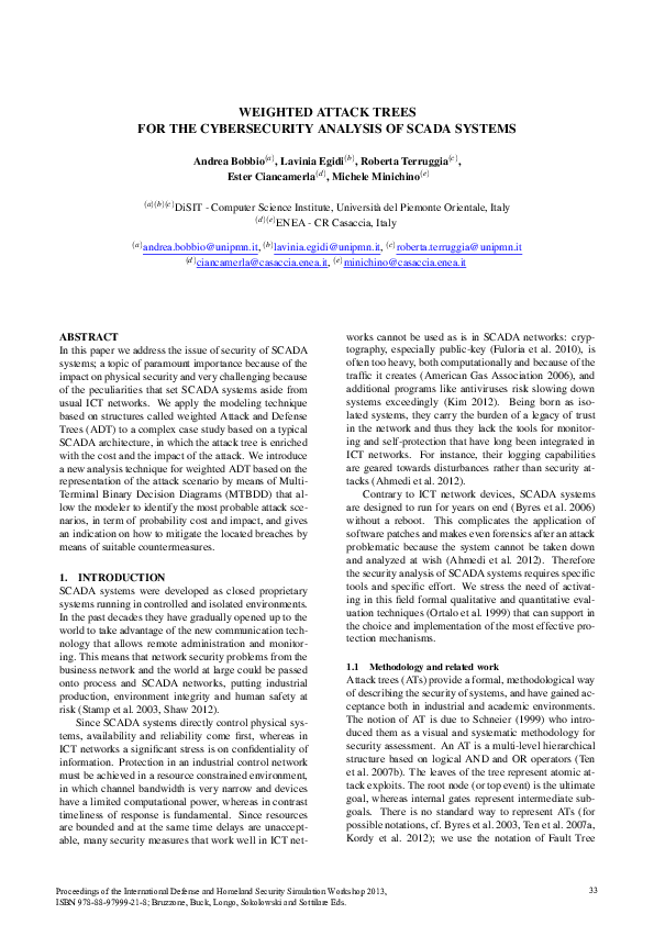(PDF) Weighted attack trees for the cybersecurity analysis of SCADA systems