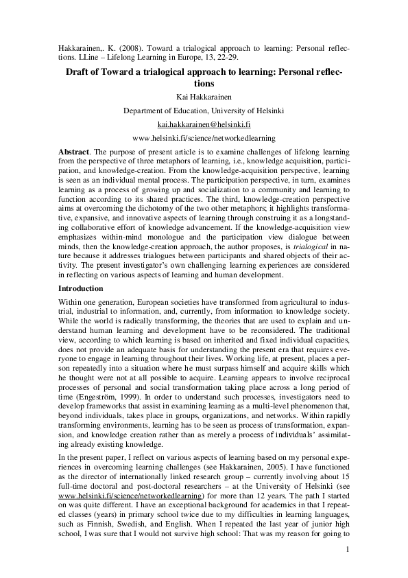 (PDF) Toward a trialogical approach to learning: personal reflections