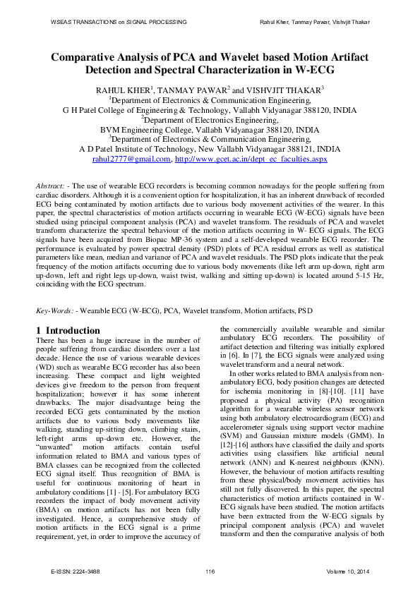 Pdf Comparative Analysis Of Pca And Wavelet Based Motion Artifact Detection And Spectral