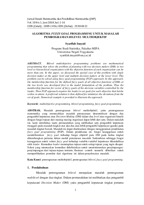 Pdf Algoritma Fuzzy Goal Programming Untuk Masalah Pemrograman