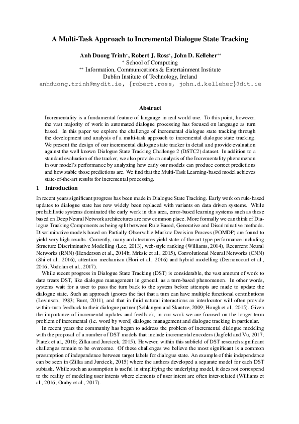 (PDF) A Multi-Task Approach to Incremental Dialogue State Tracking | John Kelleher - Academia.edu