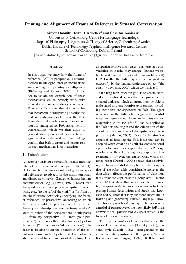 (PDF) Priming and alignment of frame of reference in situated conversation