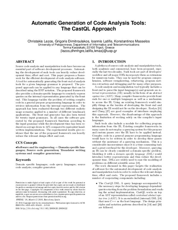 (PDF) Automatic generation of code analysis tools: The CastQL approach