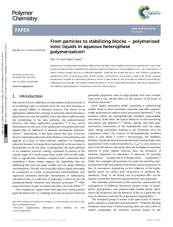 (PDF) From Particles to Stabilizing Blocks – Polymerized Ionic Liquids in Aqueous Heterophase ...