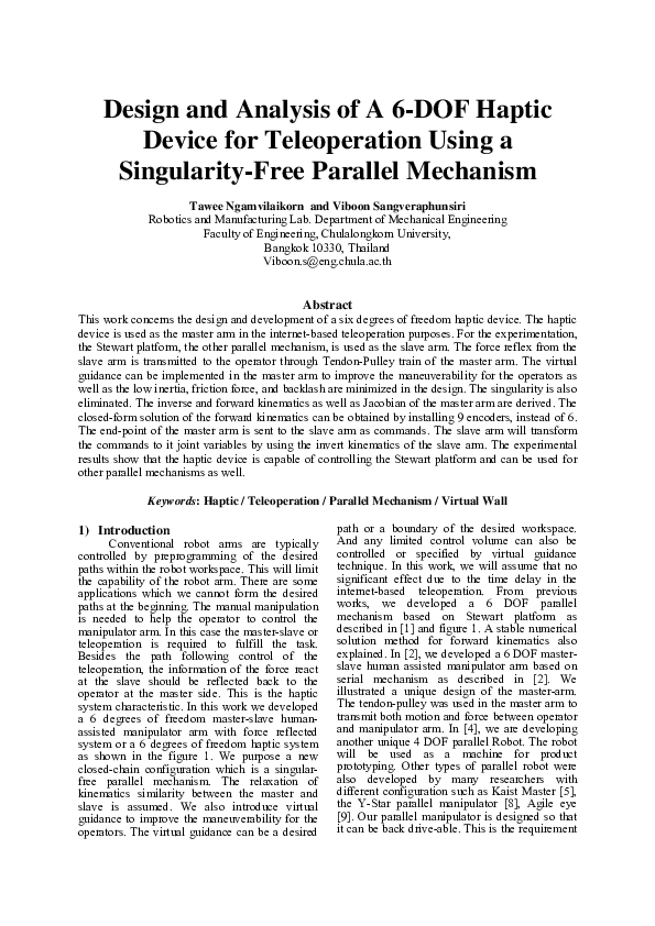 (PDF) Design and Analysis of a 6-DOF Haptic Device for Teleoperation Using a Singularity-Free ...