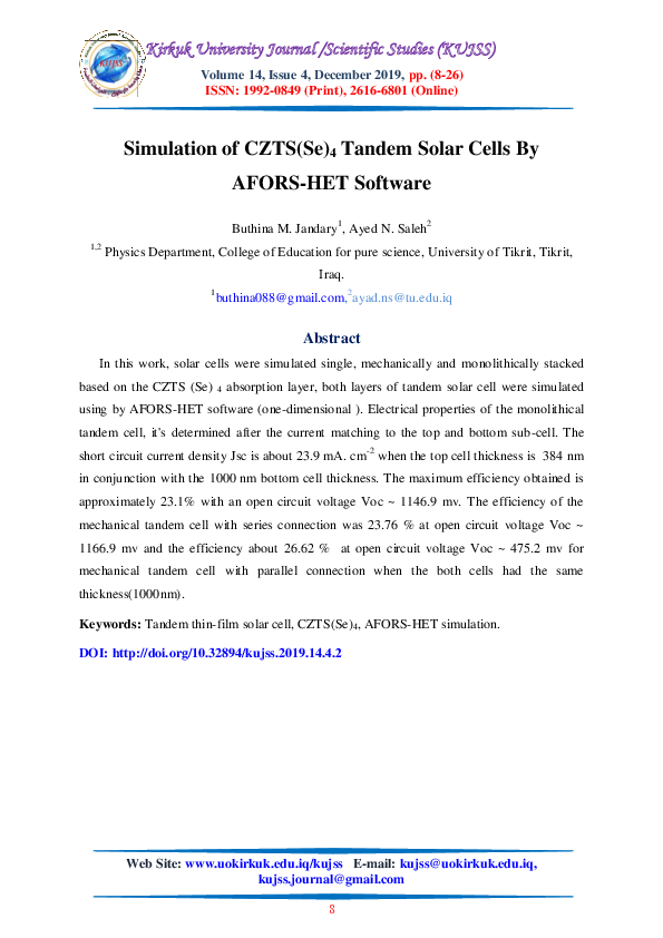 (PDF) Simulation of CZTS(Se)4 Tandem Solar Cells By AFORS-HET Software