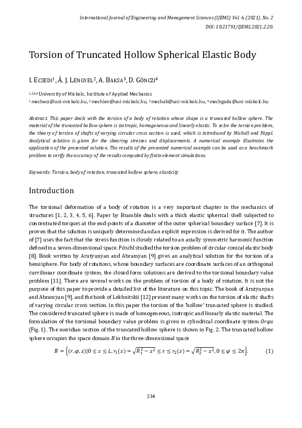 (PDF) Torsion of Truncated Hollow Spherical Elastic Body