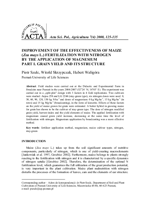 (PDF) IMPROVEMENT OF THE EFFECTIVENESS OF MAIZE (Zea mays L.) FERTILIZATION WITH NITROGEN BY THE ...