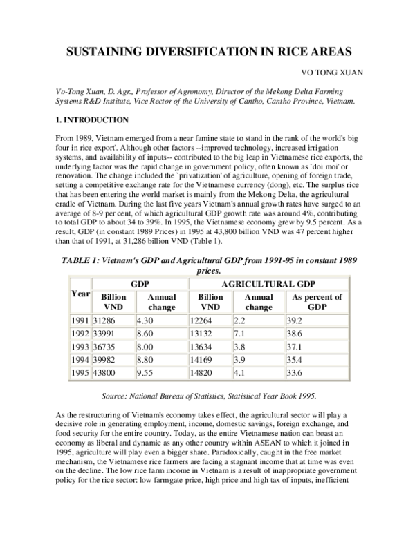 (PDF) Sustaining Diversification in Rice Areas | Xuan Vo-Tong ...