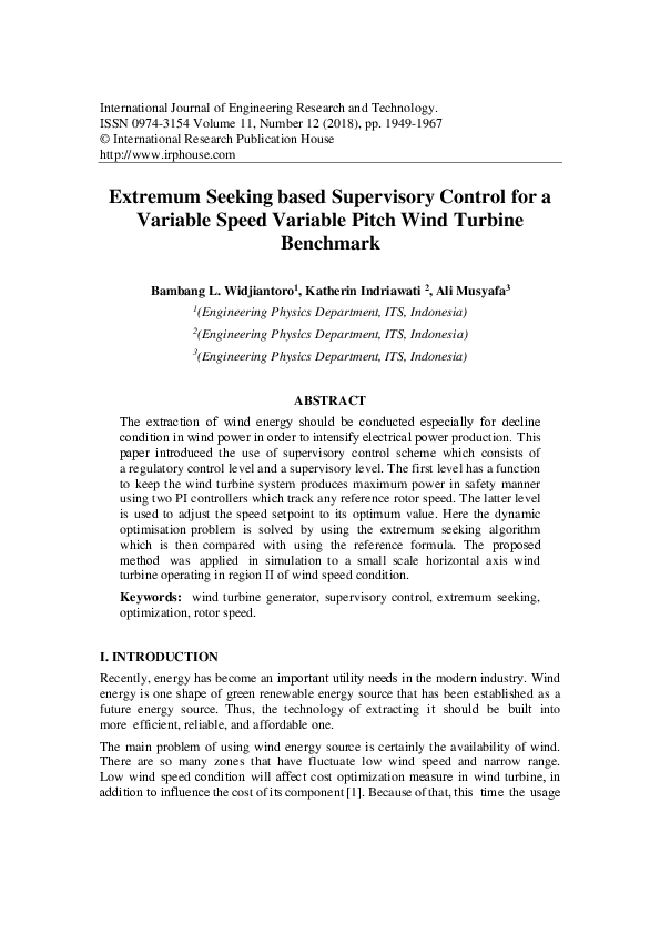 (PDF) Extremum Seeking based Supervisory Control for a Variable Speed Variable Pitch Wind ...