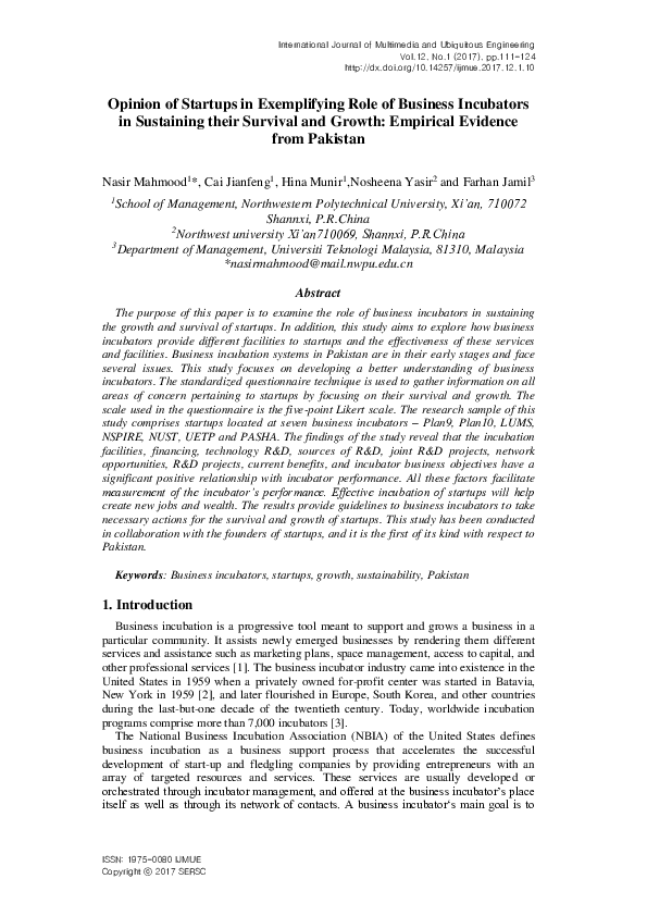 (PDF) Opinion of Startups in Exemplifying Role of Business Incubators in Sustaining their ...