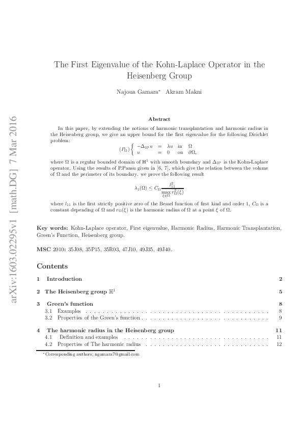 (PDF) The First Eigenvalue of the Kohn–Laplace Operator in the Heisenberg Group