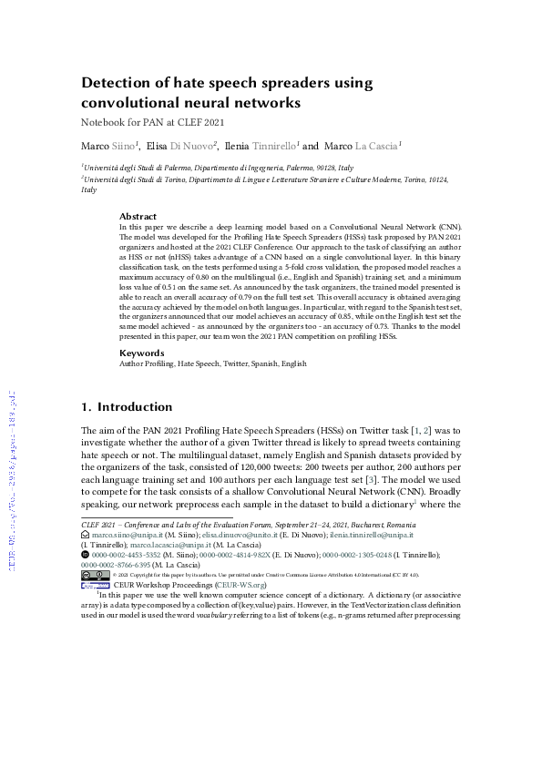 (PDF) Detection of hate speech spreaders using convolutional neural networks