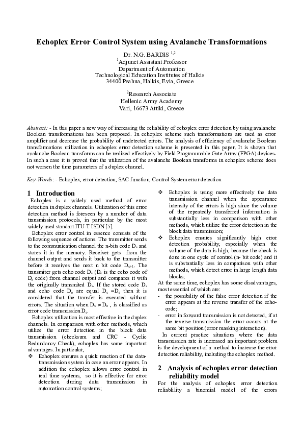 (PDF) Echoplex Error Control System using Avalanche Transformations | Nikos Bardis - Academia.edu