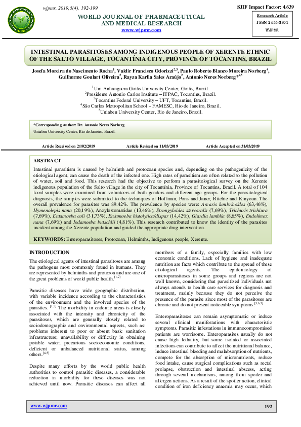 (PDF) Intestinal Parasitoses Among Indigenous People of Xerente Ethnic ...